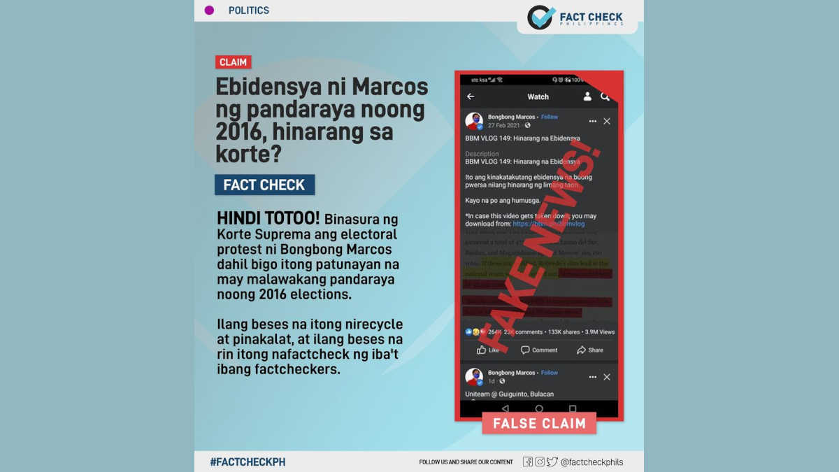 Ebidensiya ni Marcos ng pandaraya noong 2016, hinarang sa korte?