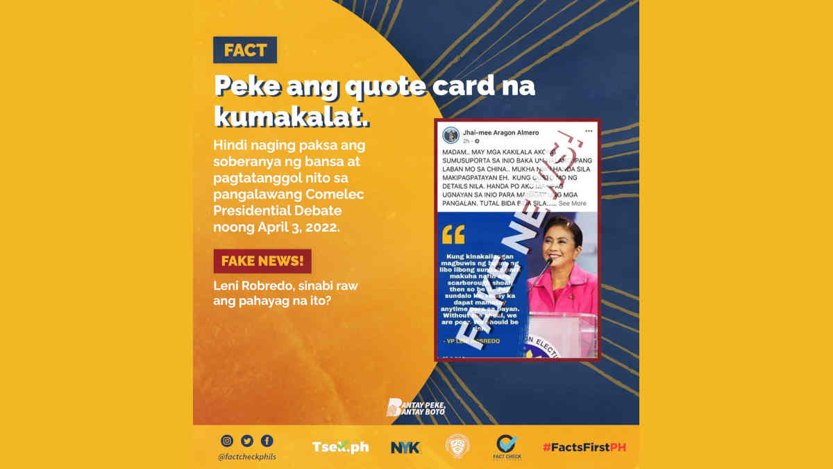 Peke ang kumakalat na quote card ni Robredo tungkol sa Scarborough Shoal