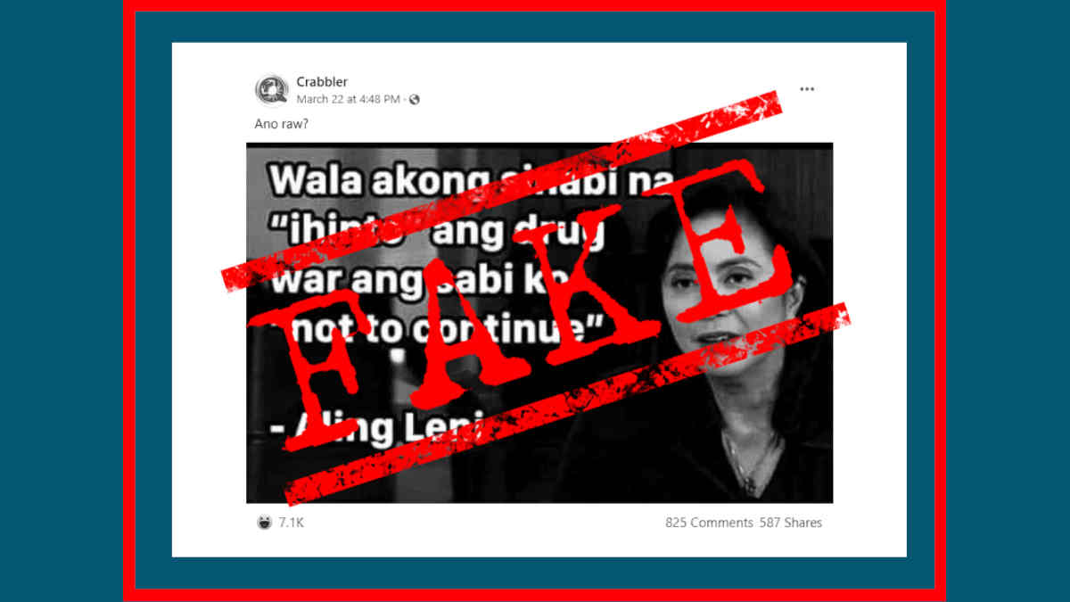 FAKE quote card of Robredo saying drug war must be ‘discontinued’ revived