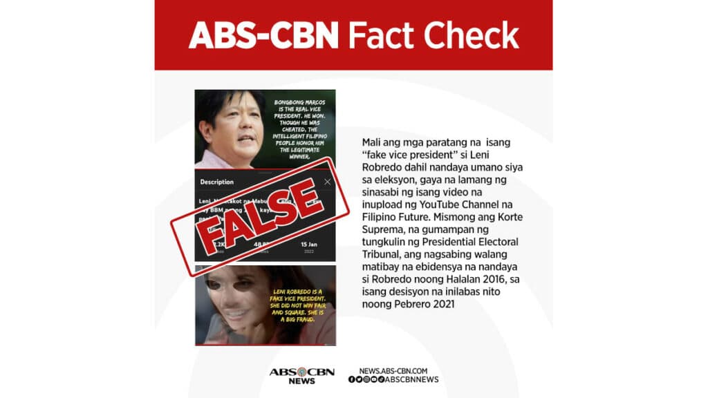 Hindi totoong dinaya ni VP Leni Robredo si Bongbong Marcos noong 2016 Hindi totoong dinaya ni VP Leni Robredo si Bongbong Marcos noong 2016