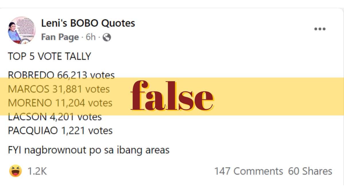 Robredo leading tally of votes false