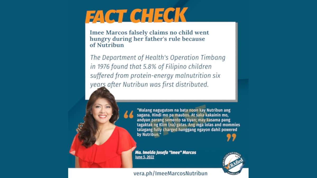 Imee Marcos falsely claims no child went hungry during her father’s rule because of Nutribun