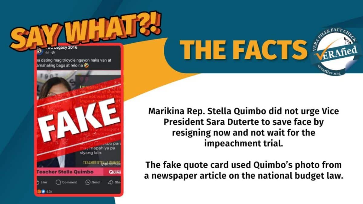 Quimbo urging VP Sara to resign ahead of impeachment trial FAKE