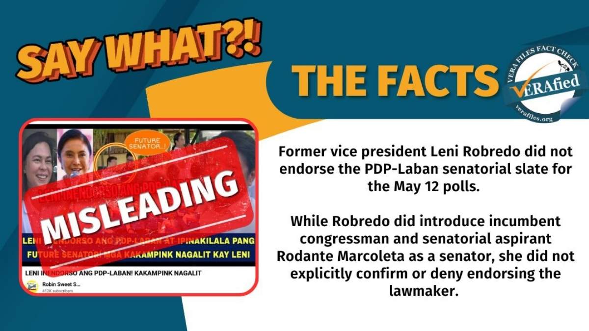 Claim that Robredo endorsed PDP-Laban senatorial bets MISLEADS